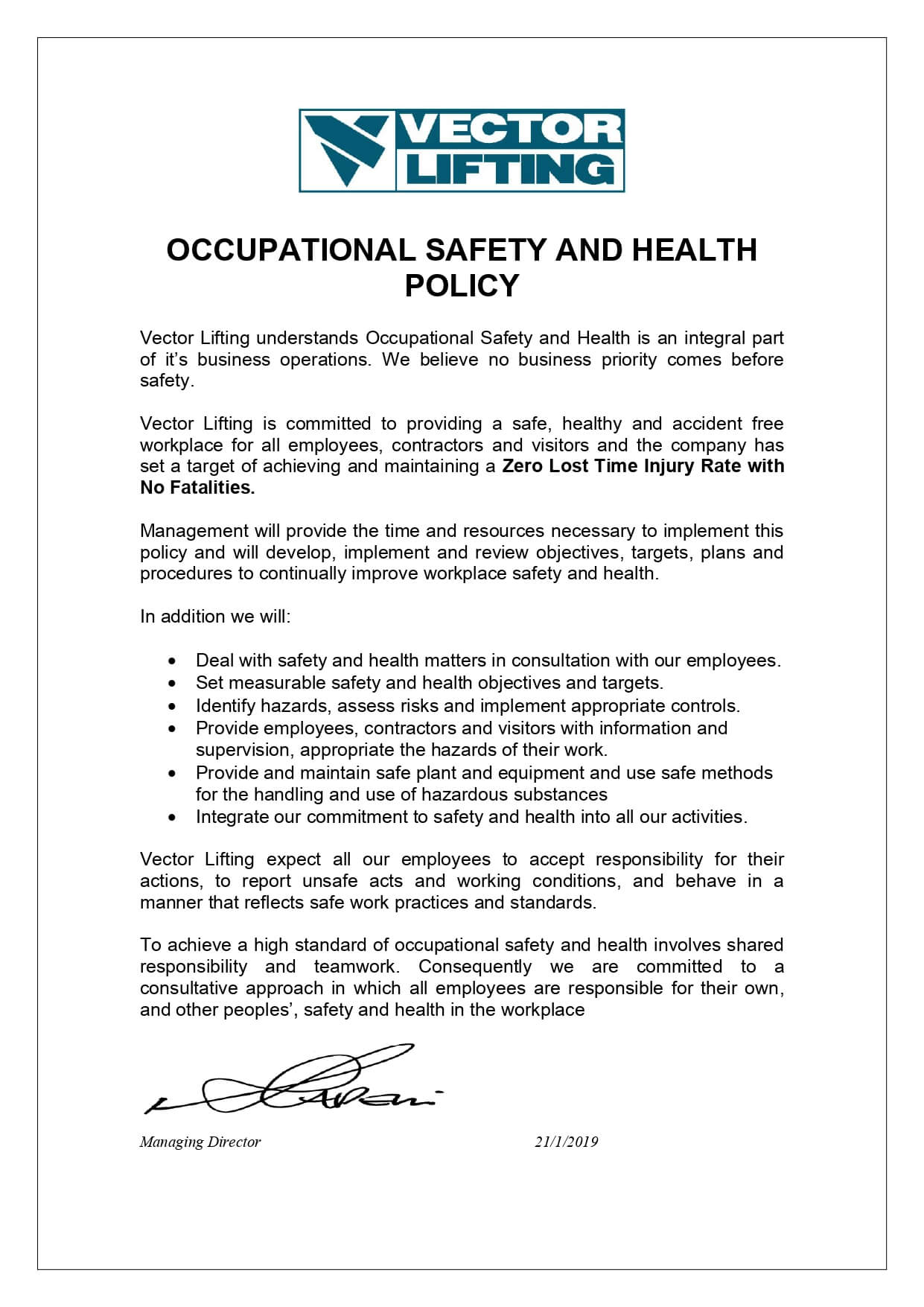 Certifications and Policies - Vector Lifting Vector Lifting