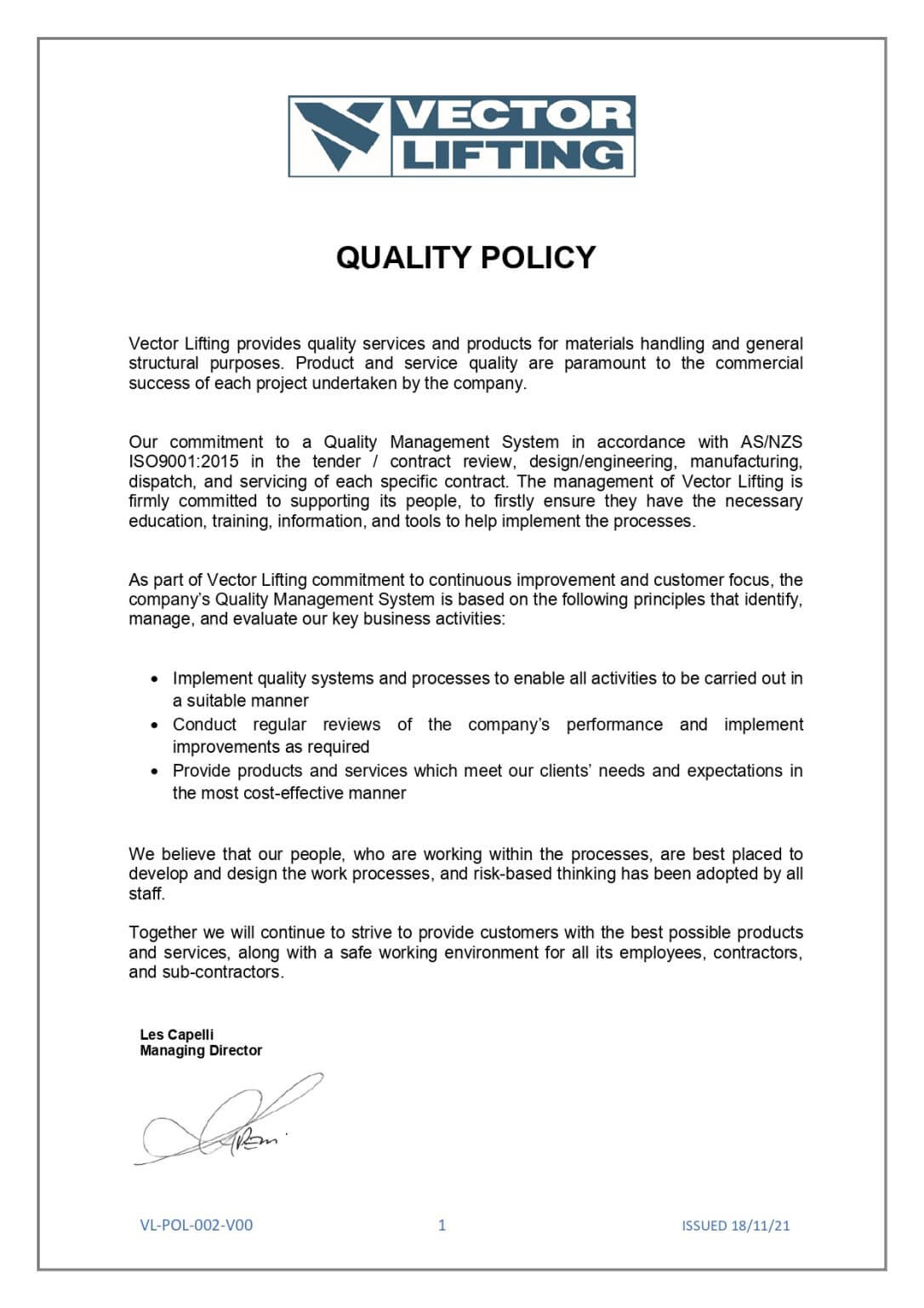 Certifications and Policies - Vector Lifting Vector Lifting